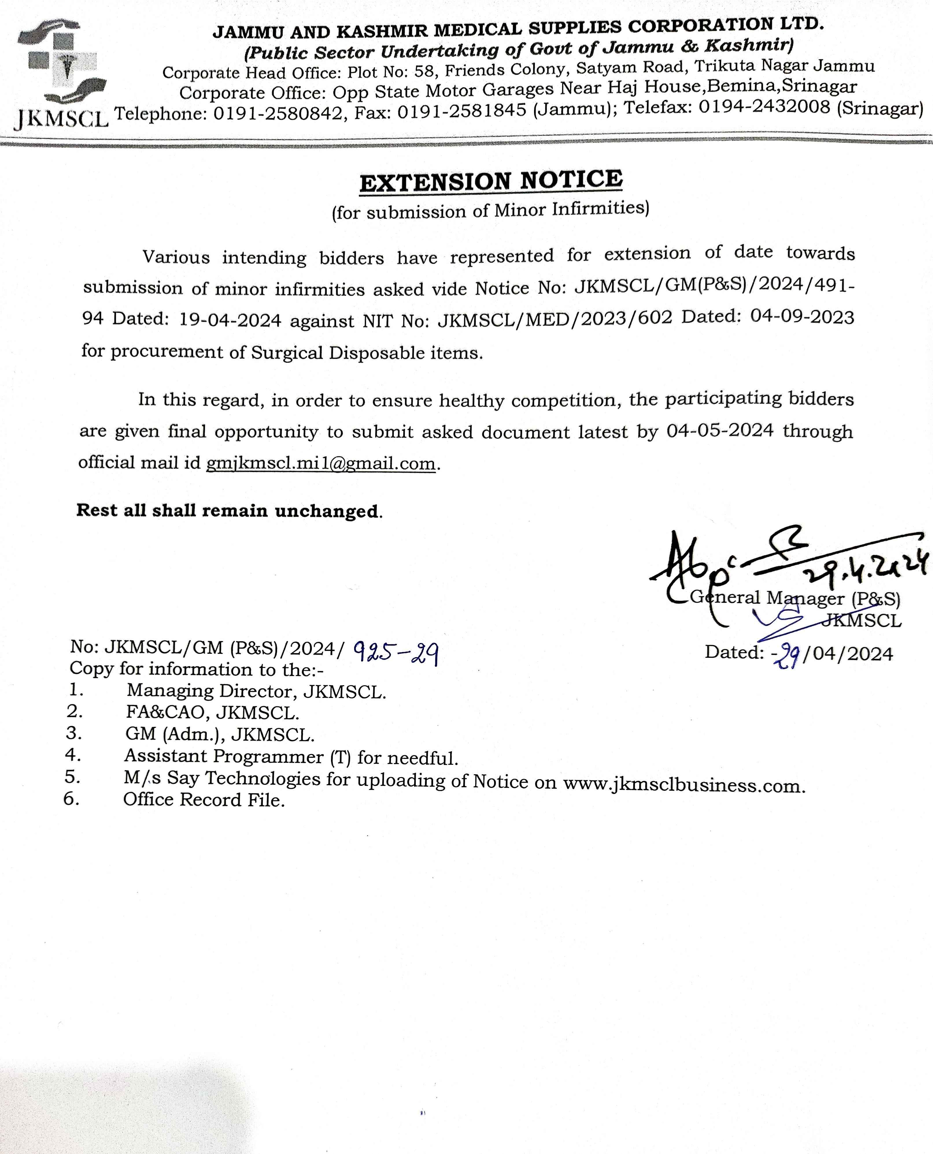 Jammu & Kashmir Medical Supplies Corporation Limited (JKMSCL)